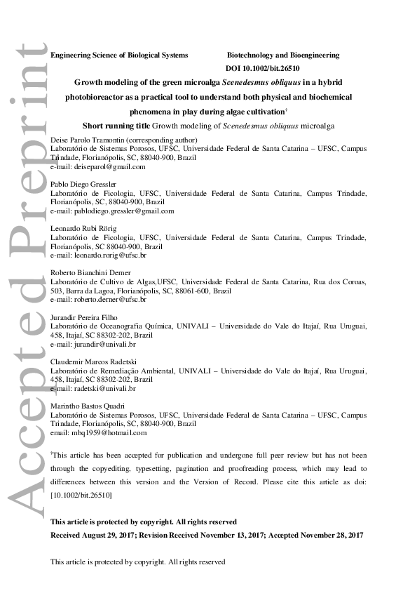 Pdf Growth Modeling Of The Green Microalga Scenedesmus Obliquus In A Hybrid Photobioreactor As