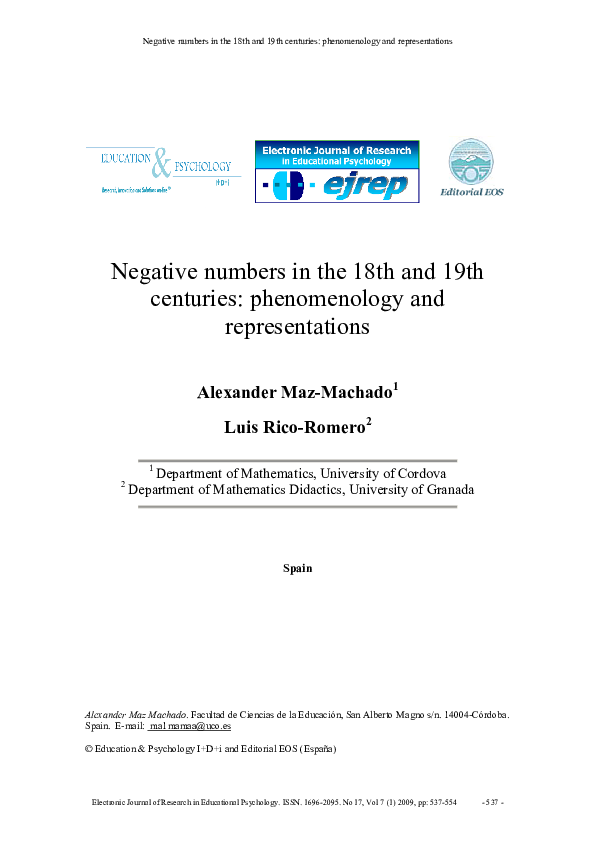 (PDF) Negative numbers in the 18th and 19th centuries: phenomenology ...