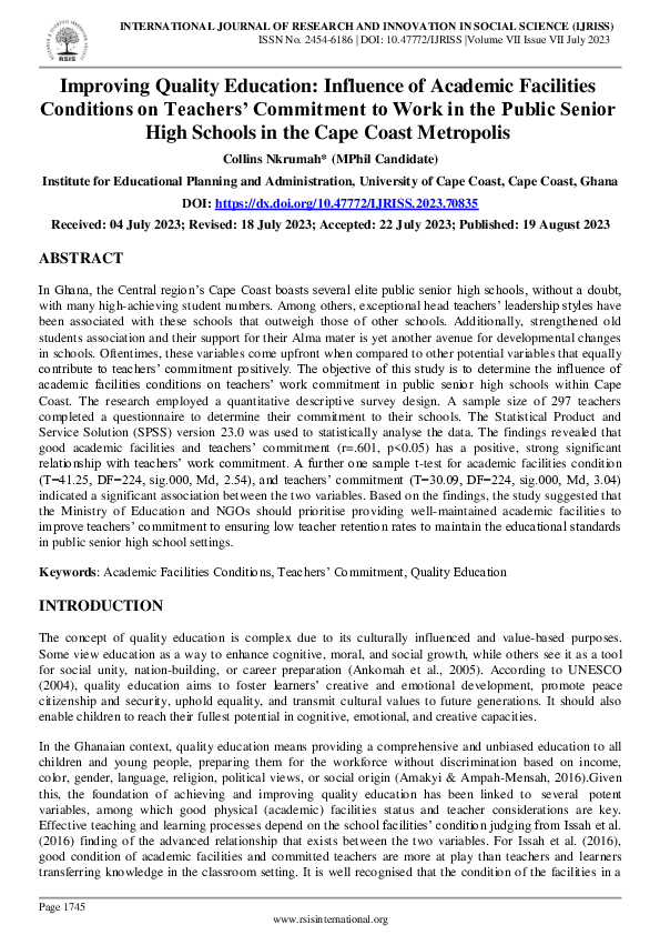 (PDF) Improving Quality Education: Influence of Academic Facilities Conditions on Teachers ...
