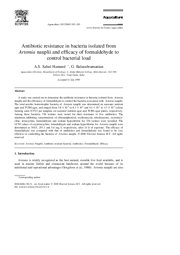 (PDF) Antibiotic resistance in bacteria isolated from Artemia nauplii ...