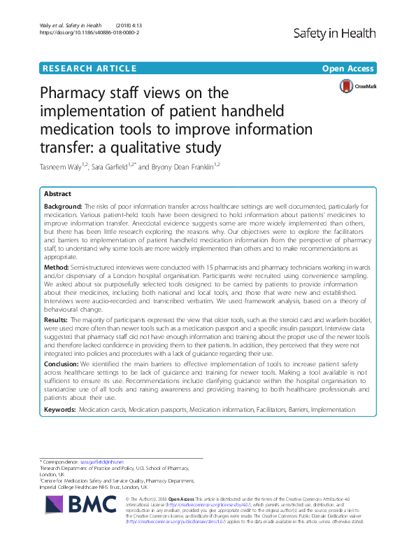 (PDF) Pharmacy staff views on the implementation of patient handheld ...