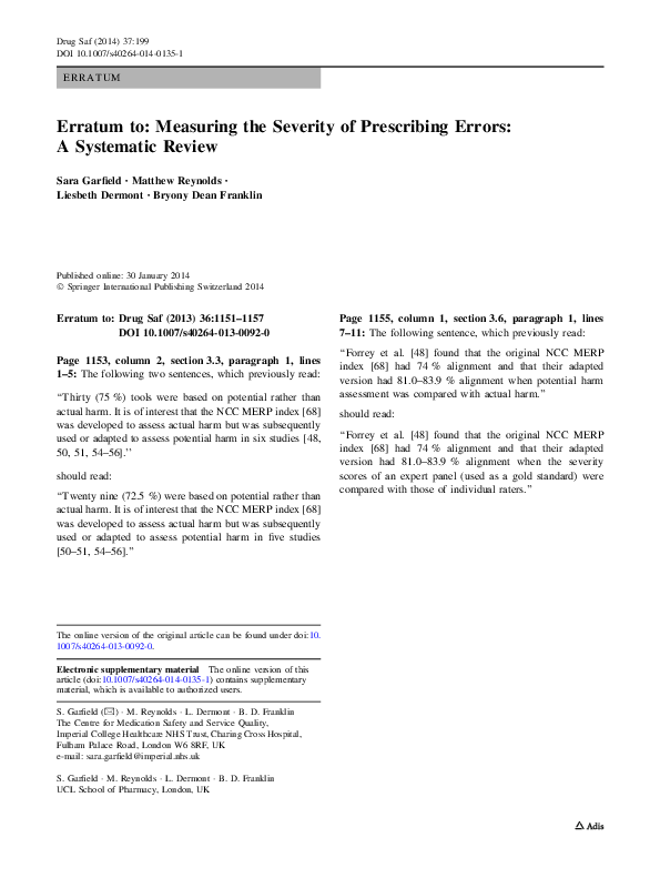 (PDF) Erratum to: Measuring the Severity of Prescribing Errors: A ...