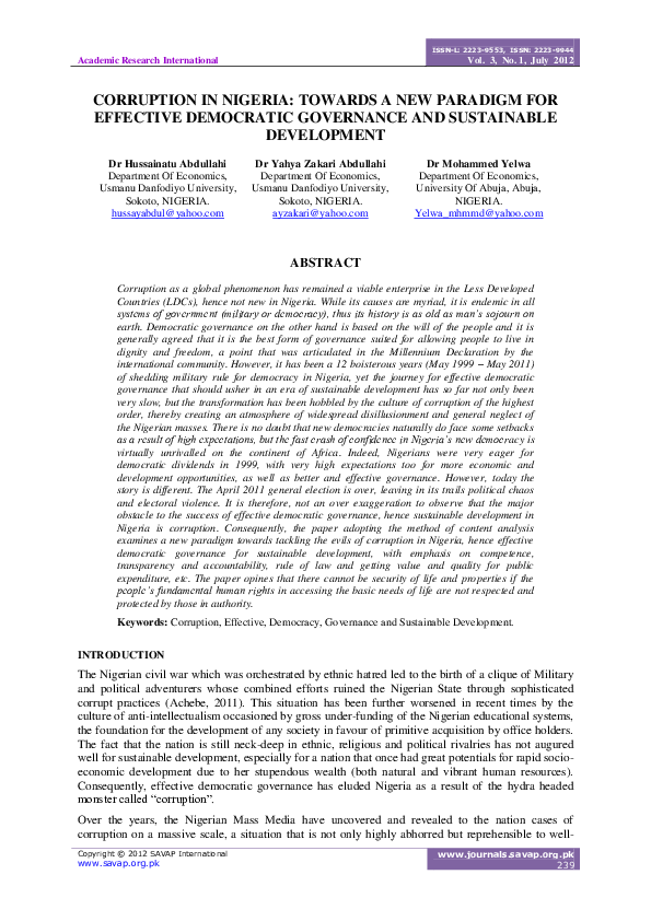 (PDF) Corruption in Nigeria: Towards a New Paradigm for Effective Democratic Governance and ...
