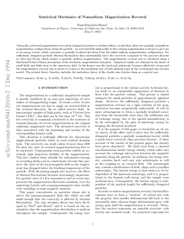 (PDF) Statistical mechanics of nonuniform magnetization reversal