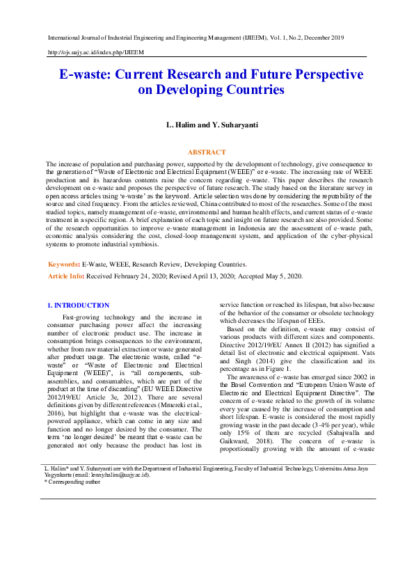 (PDF) E-Waste: Current Research and Future Perspective on Developing Countries