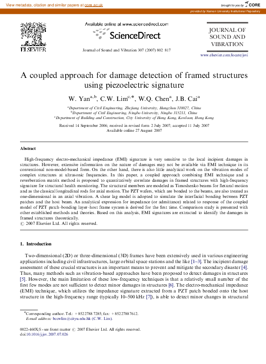 (PDF) A coupled approach for damage detection of framed structures using piezoelectric signature