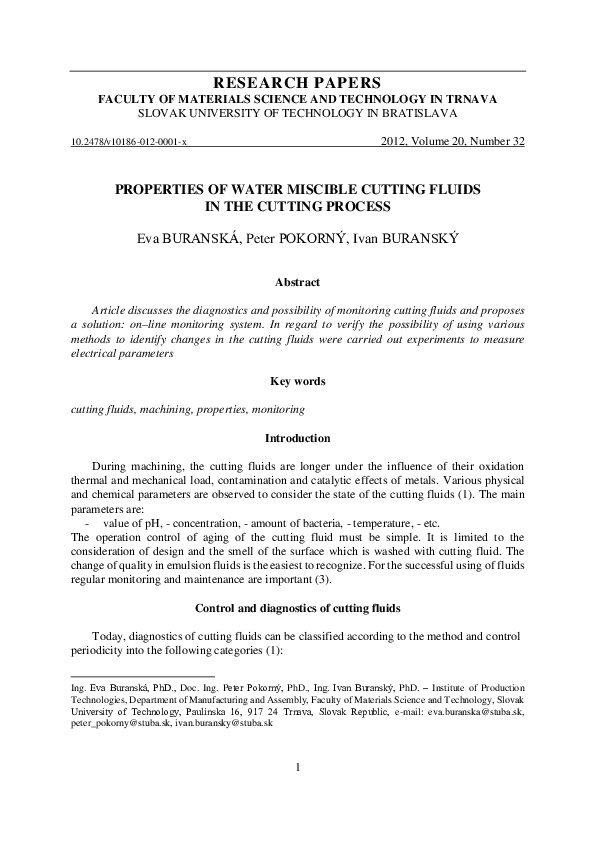 (PDF) Properties of Water Miscible Cutting Fluids in the Cutting Process
