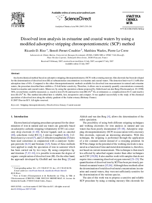 Pdf Dissolved Iron Analysis In Estuarine And Coastal Waters By Using A Modified Adsorptive