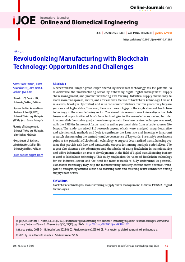 (PDF) Revolutionizing Manufacturing with Blockchain Technology: Opportunities and Challenges