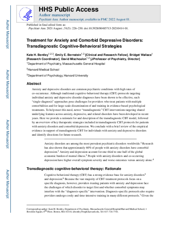 (PDF) Treatment for Anxiety and Comorbid Depressive Disorders: Transdiagnostic Cognitive ...