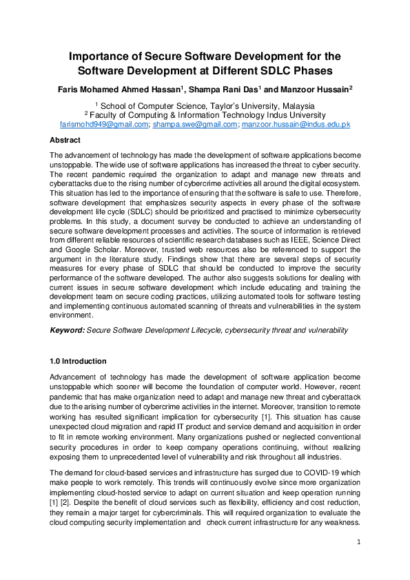 Pdf Importance Of Secure Software Development For The Software Development At Different Sdlc