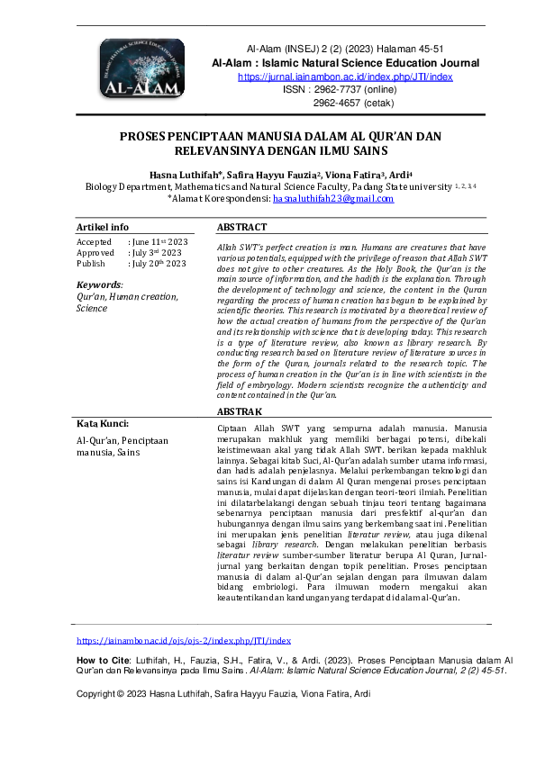 (PDF) Proses Penciptaan Manusia Dalam Al Qur’An Dan Relevansinya Dengan Ilmu Sains
