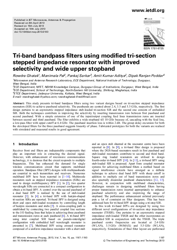 (PDF) Tri‐band bandpass filters using modified tri‐section stepped impedance resonator with ...