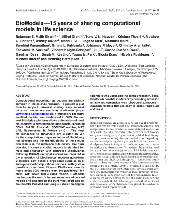 (PDF) BioModels—15 years of sharing computational models in life science
