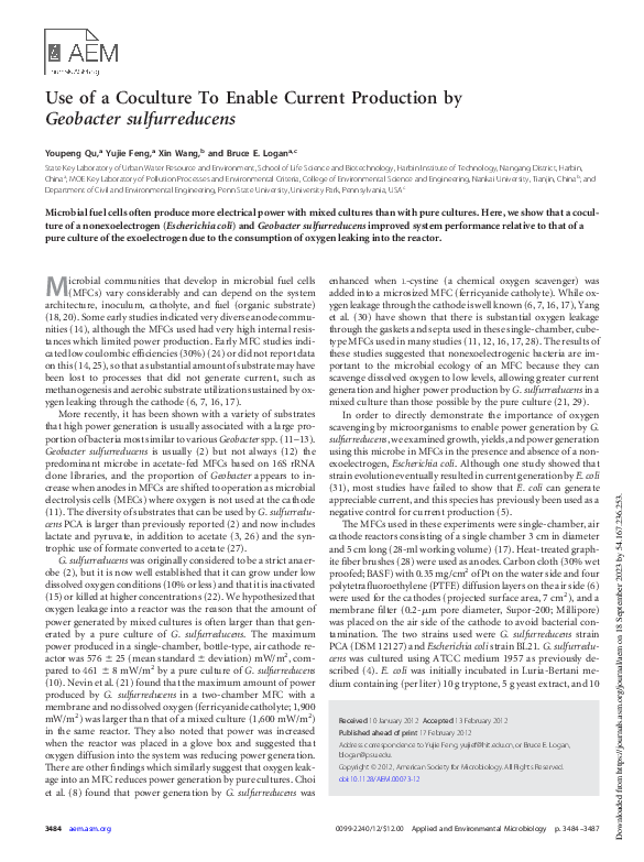 (PDF) Use of a Coculture To Enable Current Production by Geobacter ...