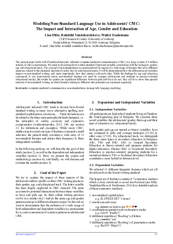 (PDF) Modeling Non-Standard Language Use In Adolescents' Cmc: The ...