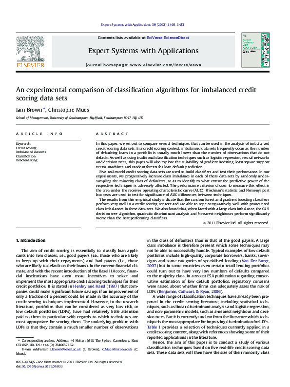(PDF) An experimental comparison of classification algorithms for imbalanced credit scoring data ...