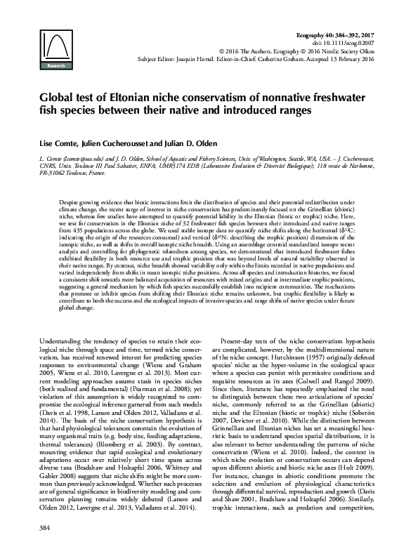 (PDF) Global test of Eltonian niche conservatism of nonnative ...