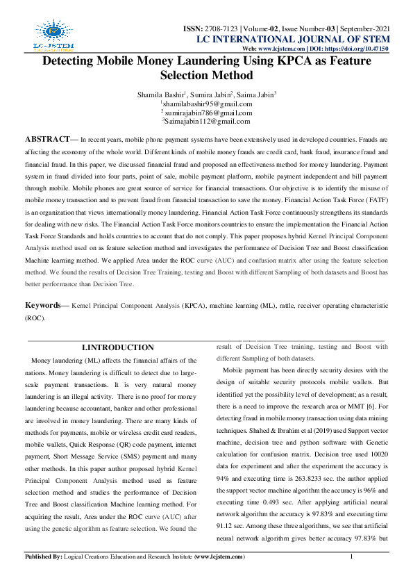 Pdf Detecting Mobile Money Laundering Using Kpca As Feature Selection