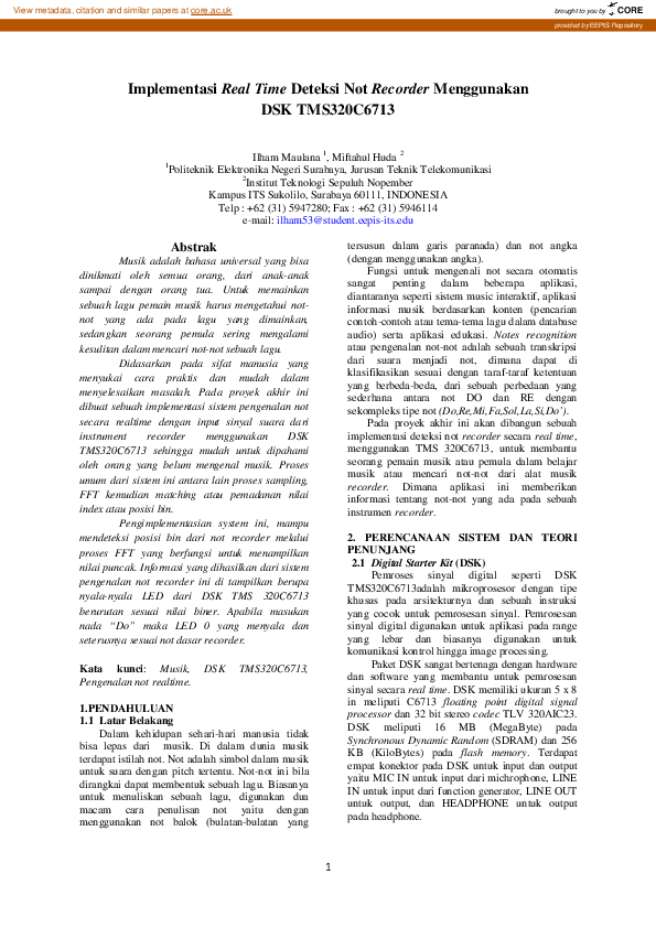 (PDF) Implementasi Real Time Deteksi Not Recorder Menggunakan DSK TMS320C6713