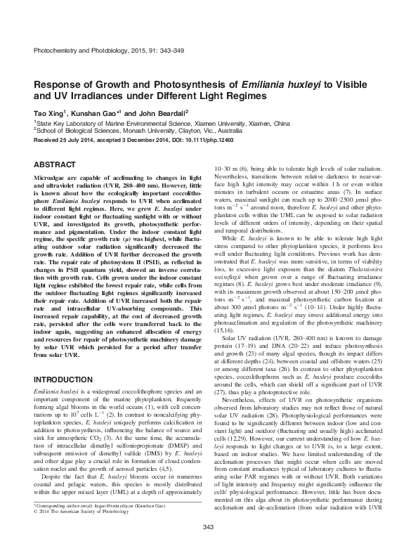 (PDF) Response of Growth and Photosynthesis of Emiliania huxleyi to ...