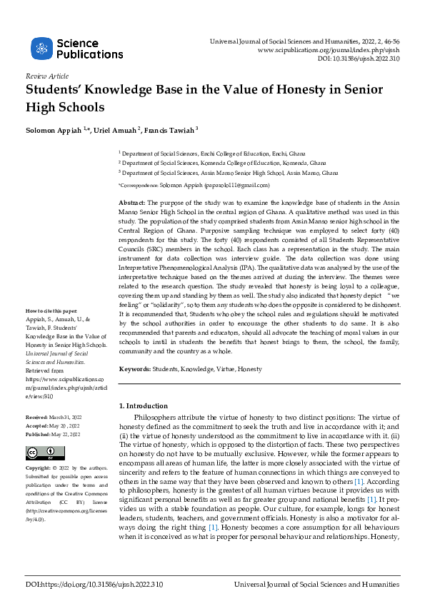 (PDF) Students’ Knowledge Base in the Value of Honesty in Senior High ...