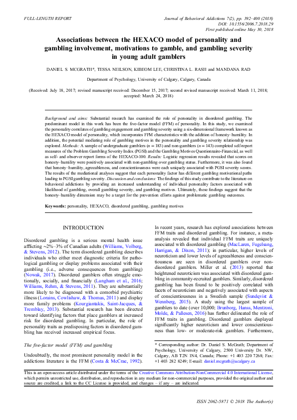 (PDF) Associations Between Hexaco Model of Personality Structure ...