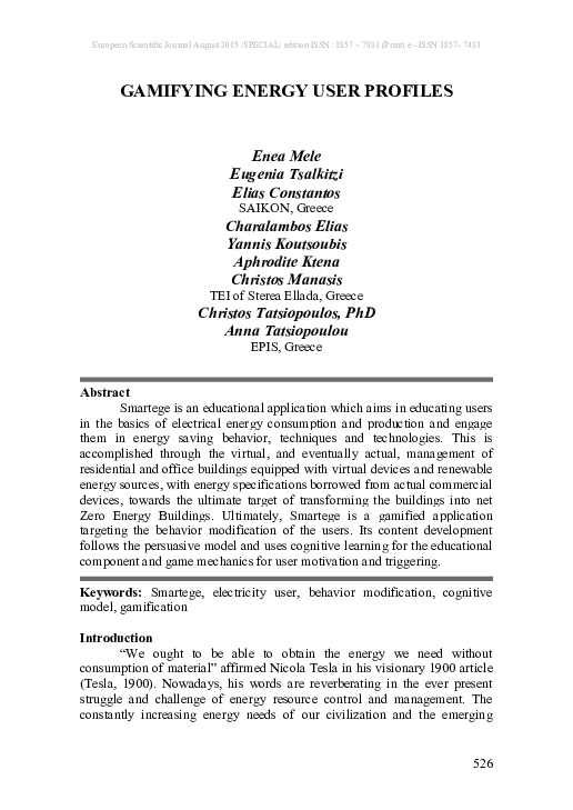 (PDF) Gamifying Energy User Profiles | Christos X Manassis - Academia.edu