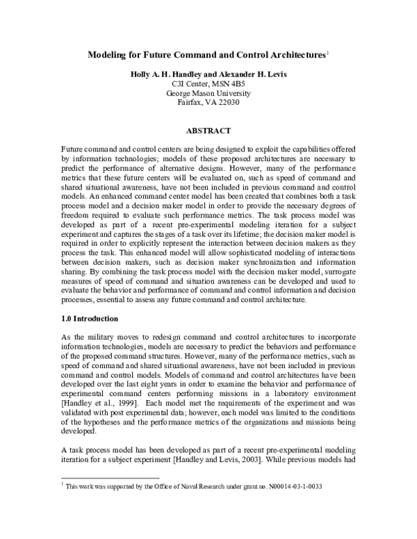 (PDF) Modeling for Future Command and Control Architectures1