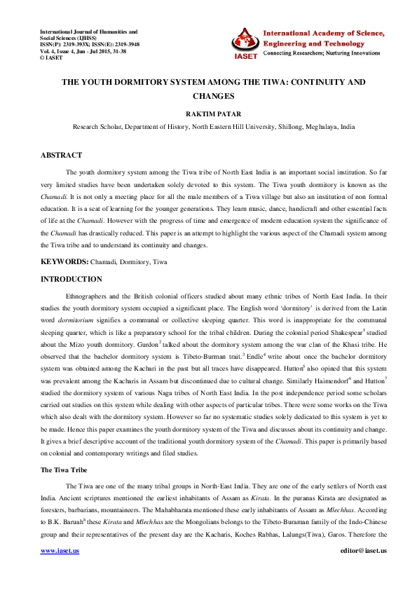 (PDF) THE YOUTH DORMITORY SYSTEM AMONG THE TIWA: CONTINUITY AND CHANGES