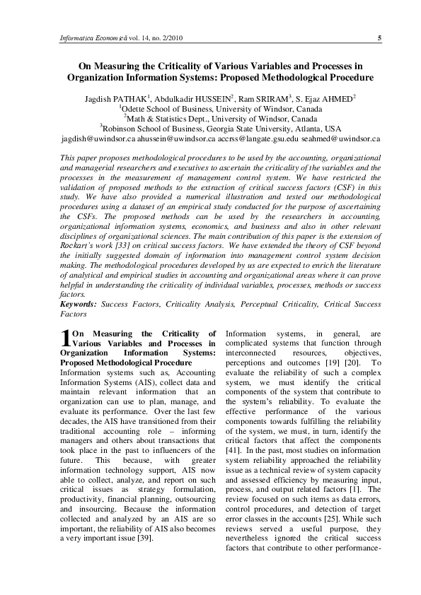 (PDF) On Quantification of the Criticality of Success Variables and Processes in Accounting and ...