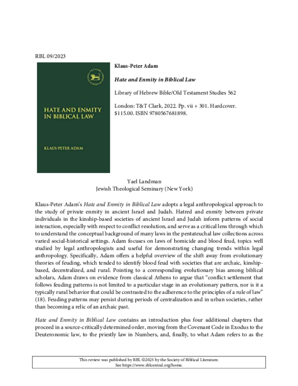 (PDF) Review of Klaus-Peter Adam, Hate and Enmity in Biblical Law (T&T ...
