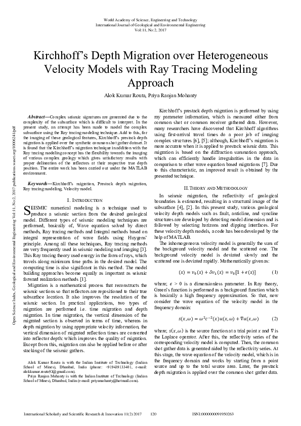 (PDF) Kirchhoff'S Depth Migration Over Heterogeneous Velocity Models With Ray Tracing Modeling ...