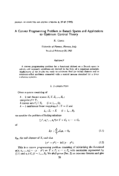 Pdf A Convex Programming Problem In Banach Spaces And Applications To Optimum Control Theory