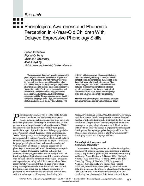 (PDF) Phonological Awareness and Phonemic Perception in 4-Year-Old Children With Delayed ...