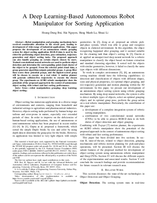Pdf A Deep Learning Based Autonomous Robot Manipulator For Sorting Application