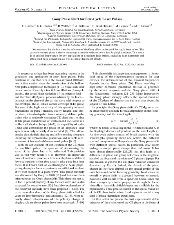 (PDF) Gouy Phase Shift for Few-Cycle Laser Pulses