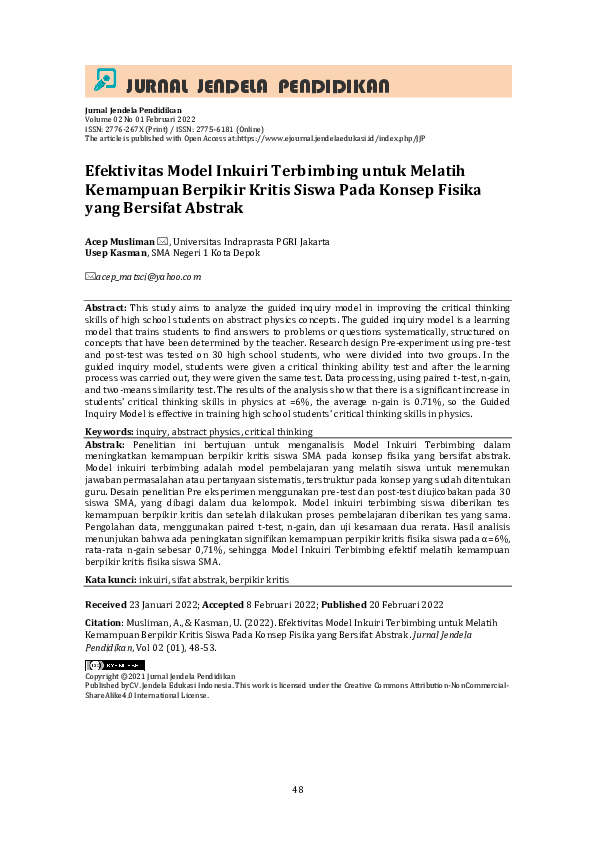 (PDF) Efektivitas Model Inkuiri Terbimbing untuk Melatih Kemampuan Berpikir Kritis Siswa Pada ...