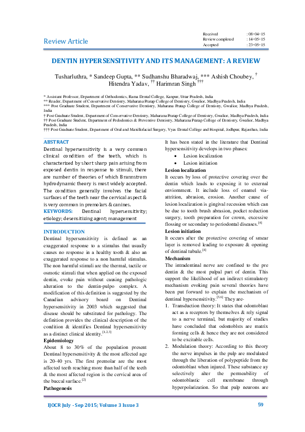 (PDF) Dentin Hypersensitivity and Its Management : A Review