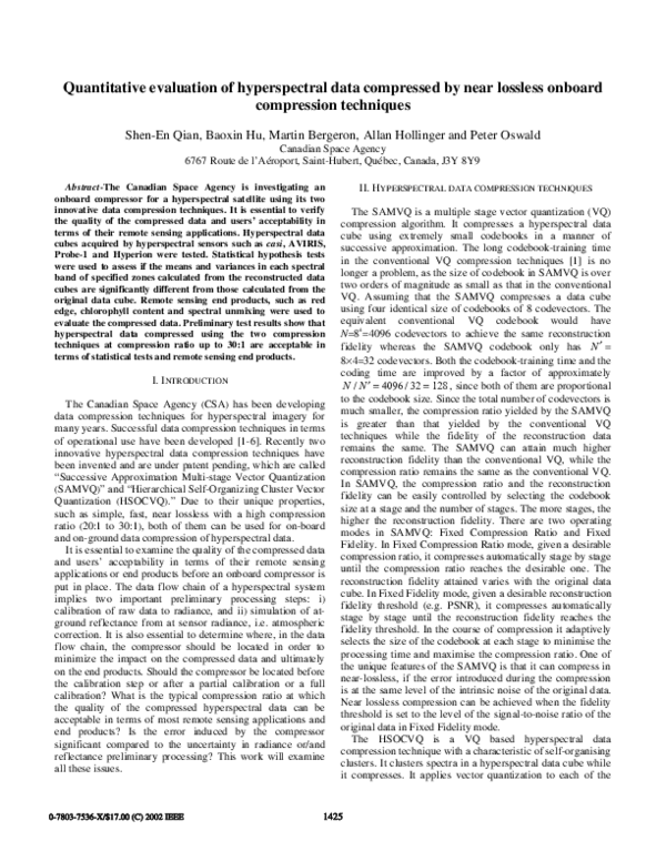 (PDF) Quantitative evaluation of hyperspectral data compressed by near lossless onboard ...