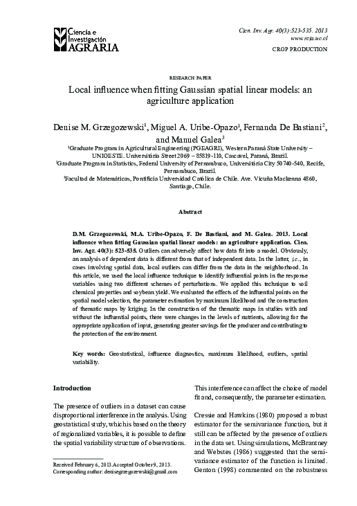 (PDF) Local influence when fitting Gaussian spatial linear models: an agriculture application