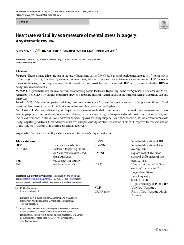 (PDF) Heart rate variability as a measure of mental stress in surgery: a systematic review