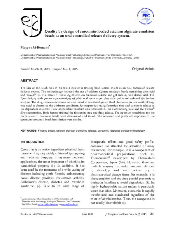 Pdf Quality By Design Of Curcumin Loaded Calcium Alginate Emulsion Beads As An Oral Controlled