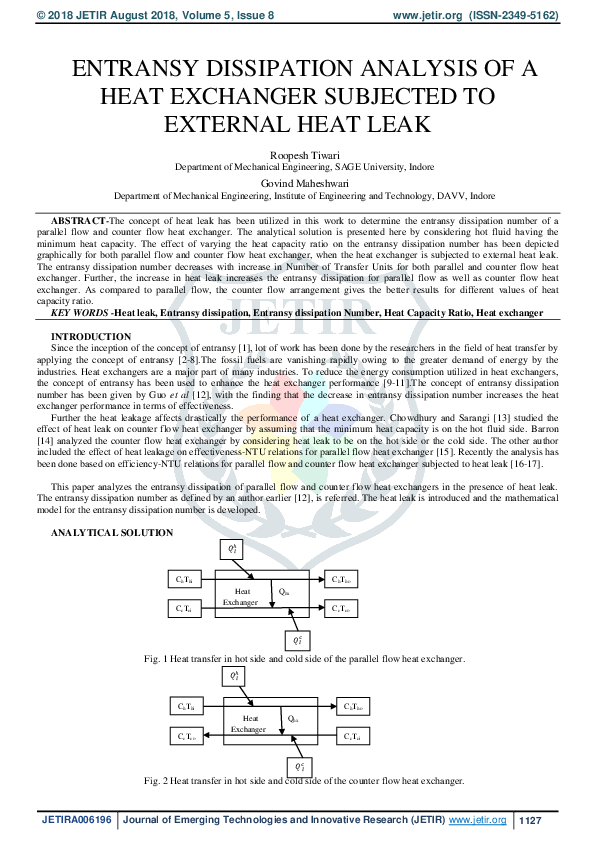 (PDF) Entransy Dissipation Analysis of a Heat Exchanger Subjected to ...
