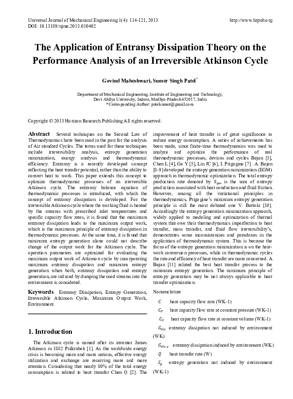 (PDF) The Application of Entransy Dissipation Theory on the Performance Analysis of an ...