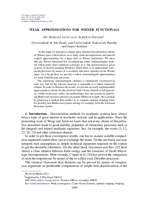 (PDF) Weak approximations for Wiener functionals
