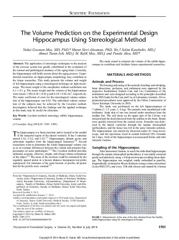 (PDF) The volume prediction on the experimental design hippocampus using stereological method