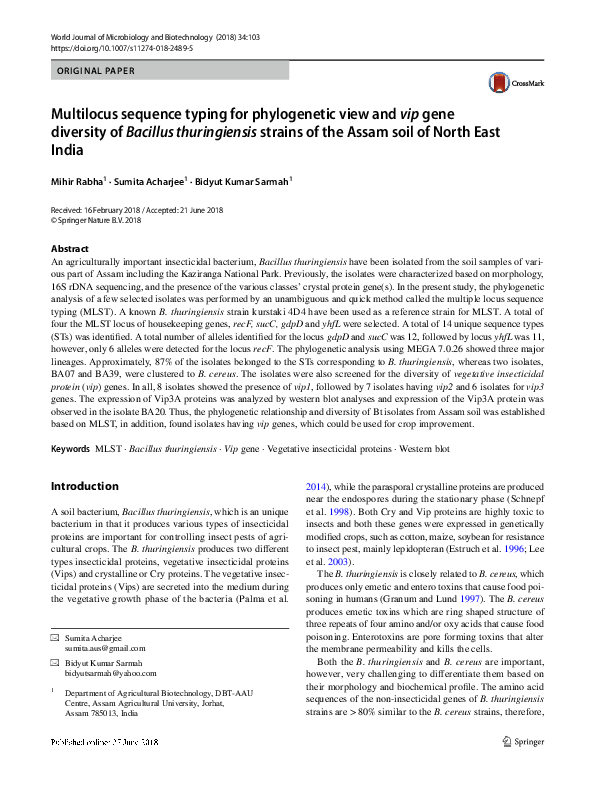 (PDF) Multilocus sequence typing for phylogenetic view and vip gene diversity of Bacillus ...
