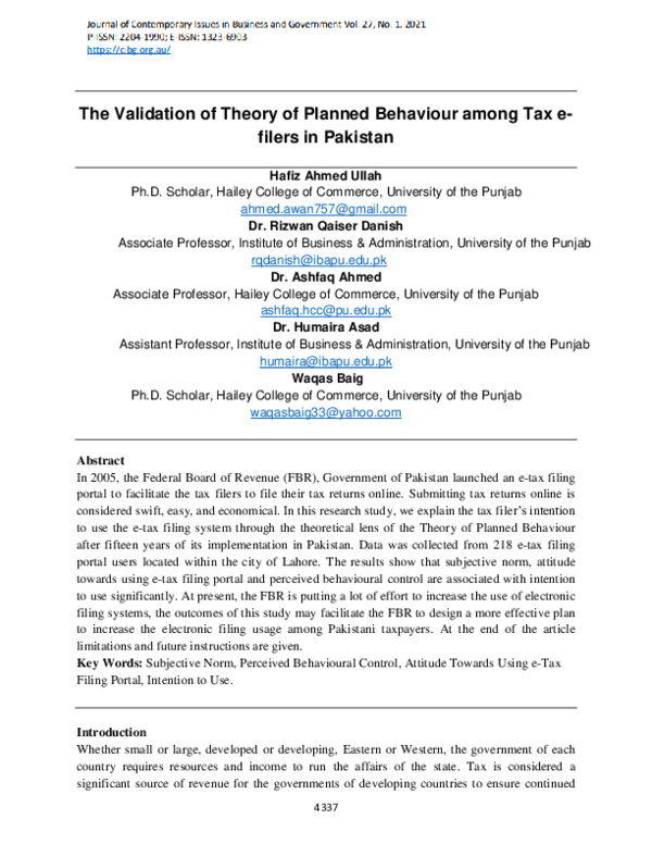 (PDF) The Validation of Theory of Planned Behaviour among Tax e-filers in Pakistan
