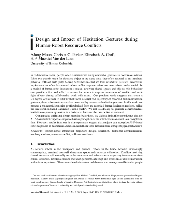 (PDF) Design and Impact of Hesitation Gestures during Human-Robot ...